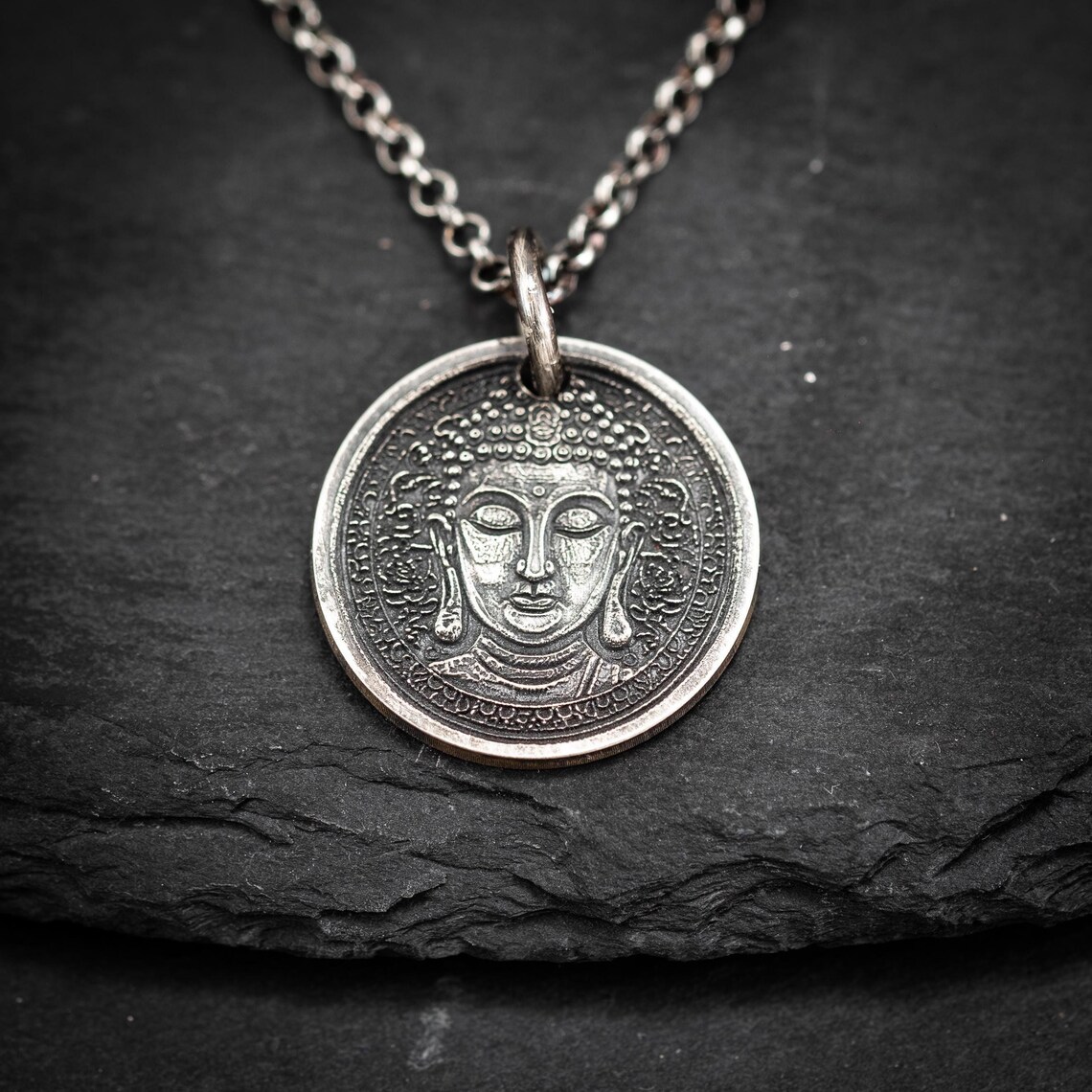 Mens Buddha Silver Buddha Coin Pendant Necklace, Buddhist Yoga Handmade ...