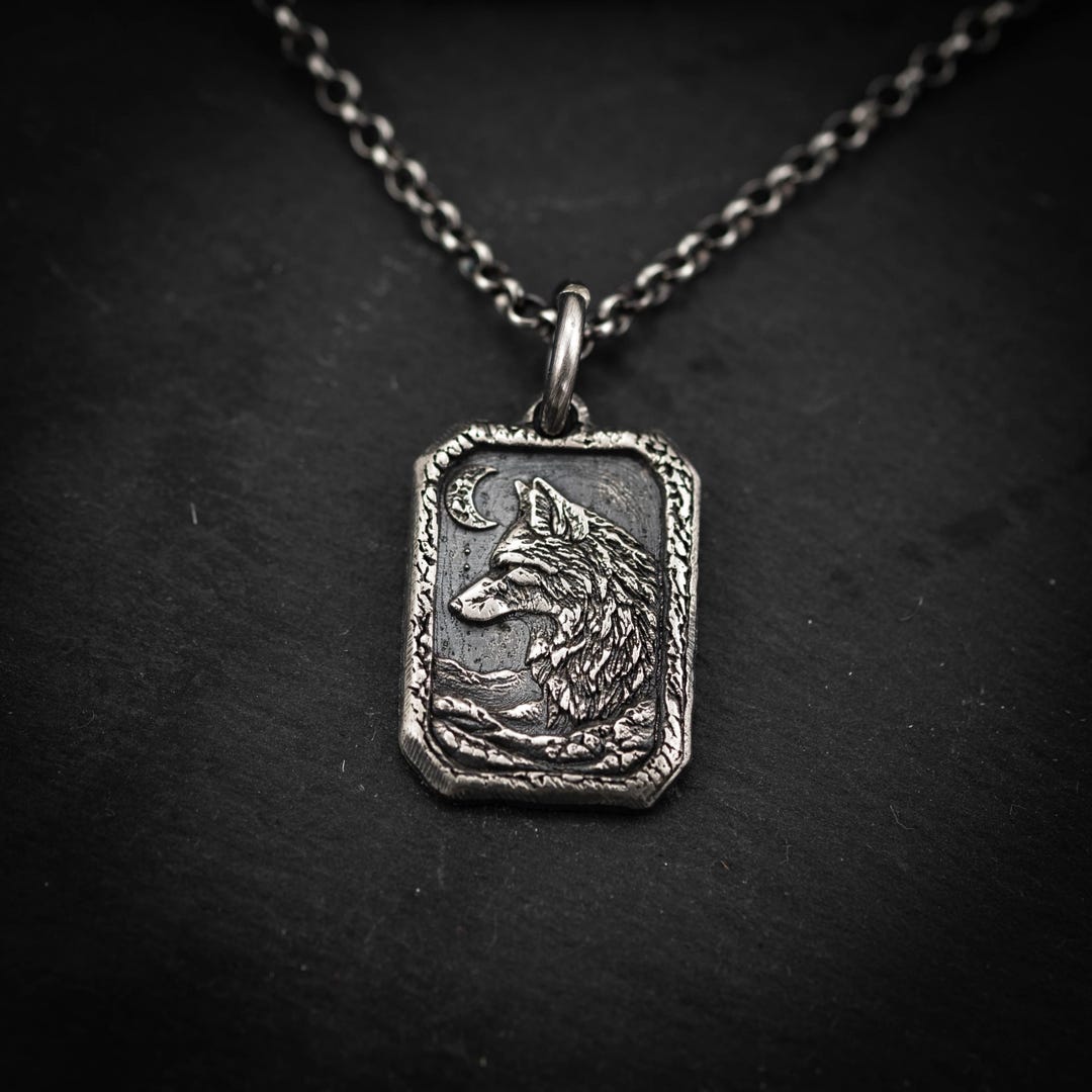 Mens Silver Wolf Moon Pendant Necklace, Wolf Silver Charm, Sterling ...