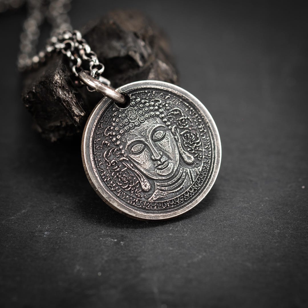 Silver Buddha Coin Pendant Necklace, Buddhist Yoga Handmade Spiritual ...