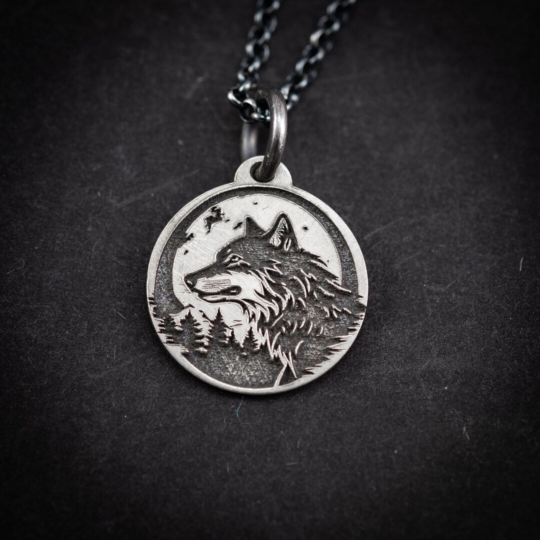 Silver Wolf and Moon Pendant Necklace, Nature Animal Handmade Jewelry ...