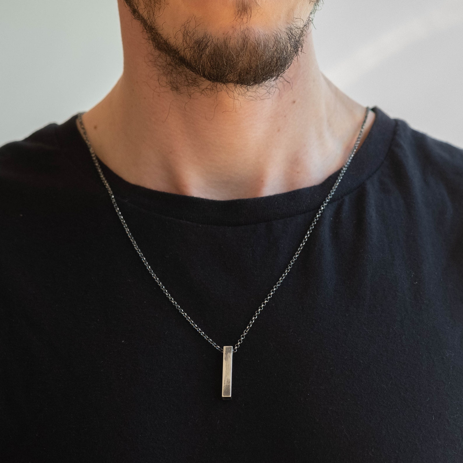 Silver Mens Necklace Geometric Bar Pendant Boyfriend Gift - Etsy