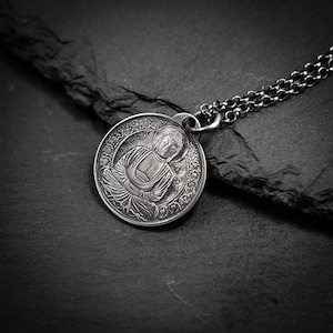 Silver Buddha Coin Pendant Necklace, Buddhist Yoga Handmade Spiritual ...