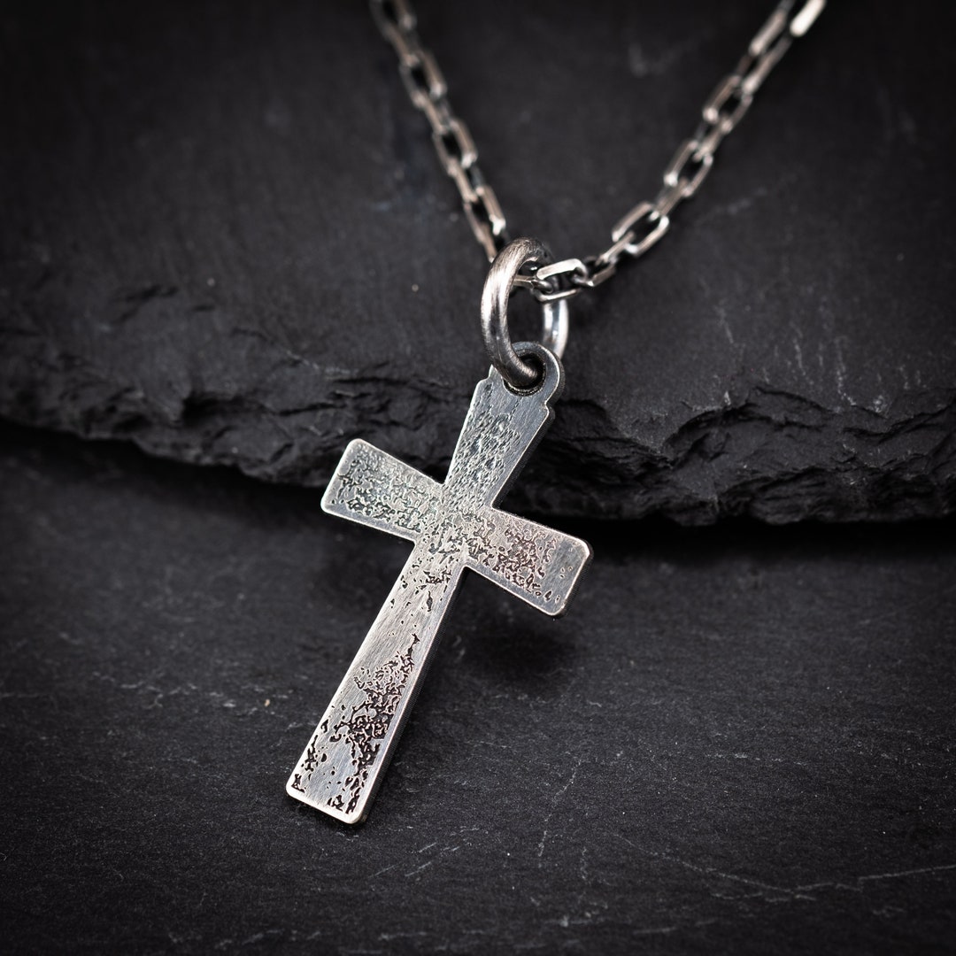 Mens Cross Silver Christian Necklace, Strength Pendant Necklace, Christian Gifts, Handmade ...