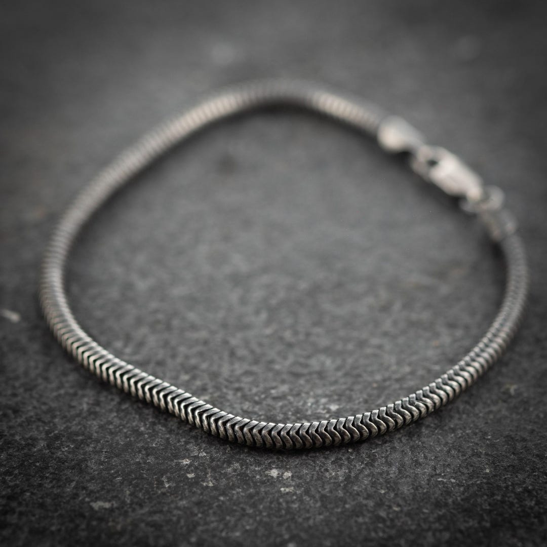 Silver Snake Chain Bracelet for Men, Oxidized Silver Mens Jewelry ...