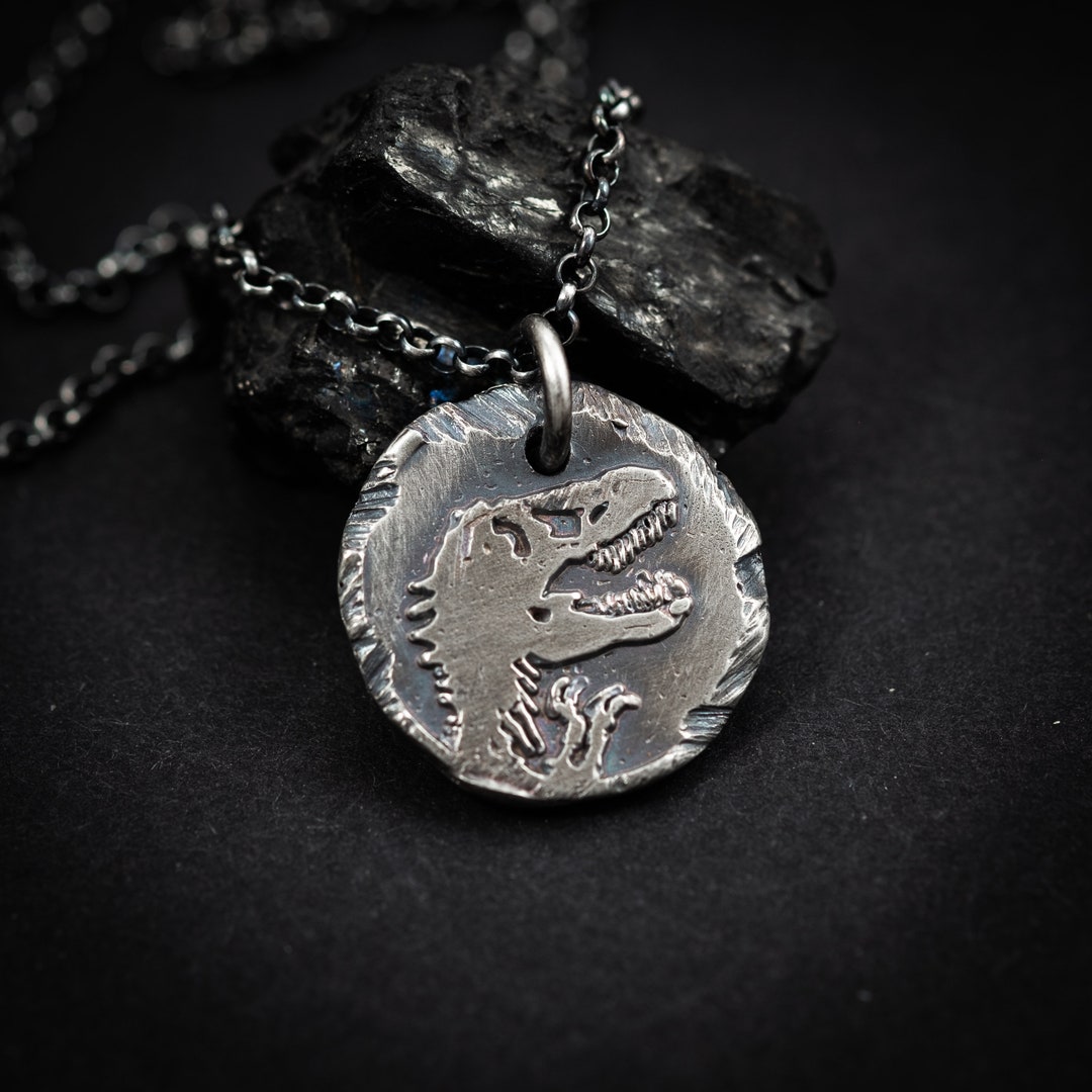 Dinosaur T-rex Silver Mens Pendant Necklace, Rustix Handmade Oxidized ...