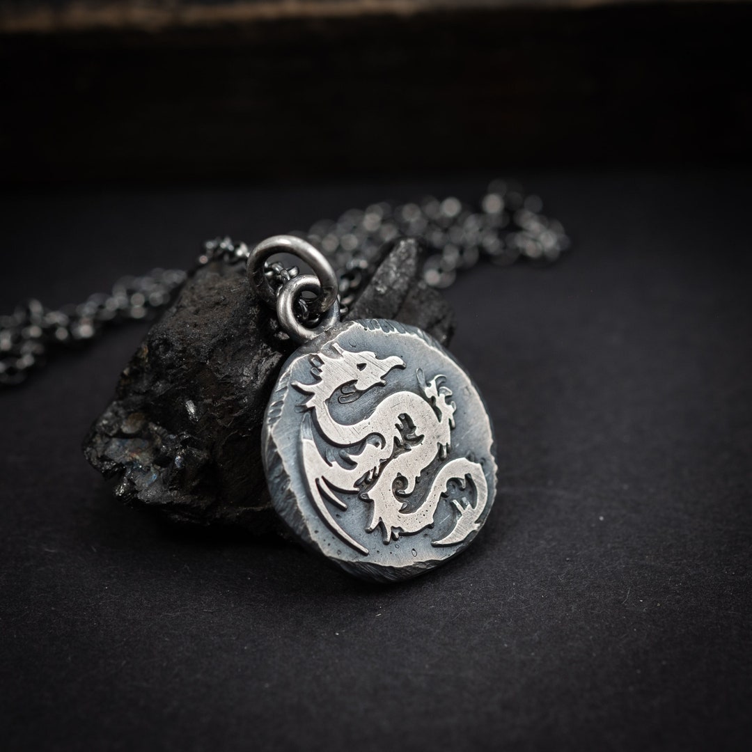 Mens Dragon Silver Pendant Necklace, Rustic Oxidized Silver Jewelry ...