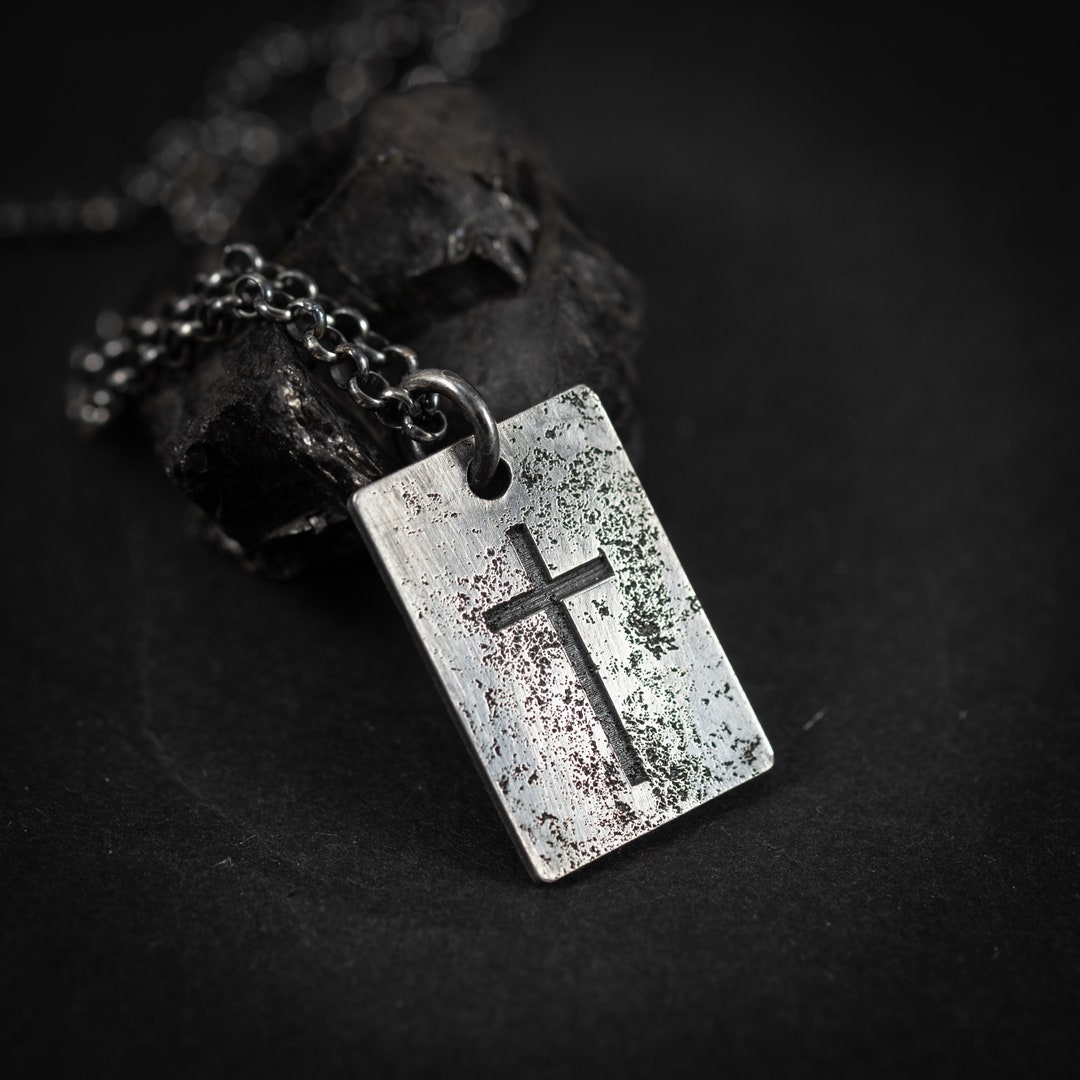 Silver Cross Mens Christian Necklace, Strength Pendant Necklace ...