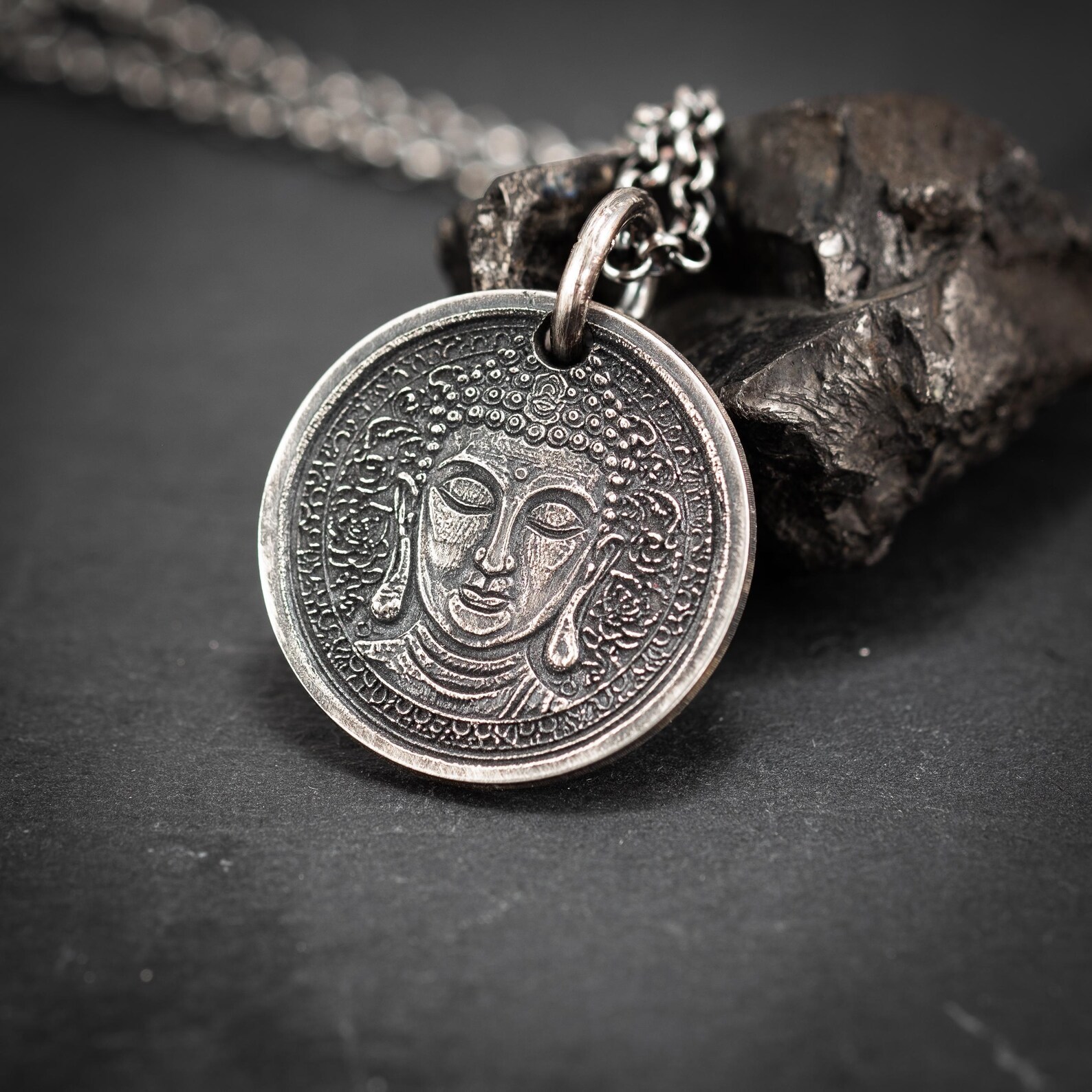 Mens Buddha Silver Buddha Coin Pendant Necklace, Buddhist Yoga Handmade ...