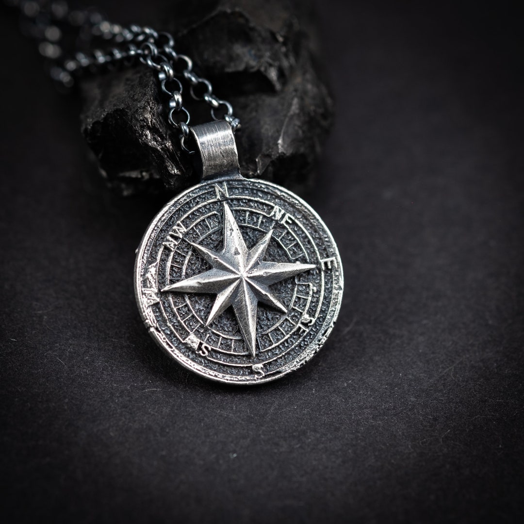 Silver Compass Mens Pendant Necklace, Rustic Oxidized Silver Adventure ...
