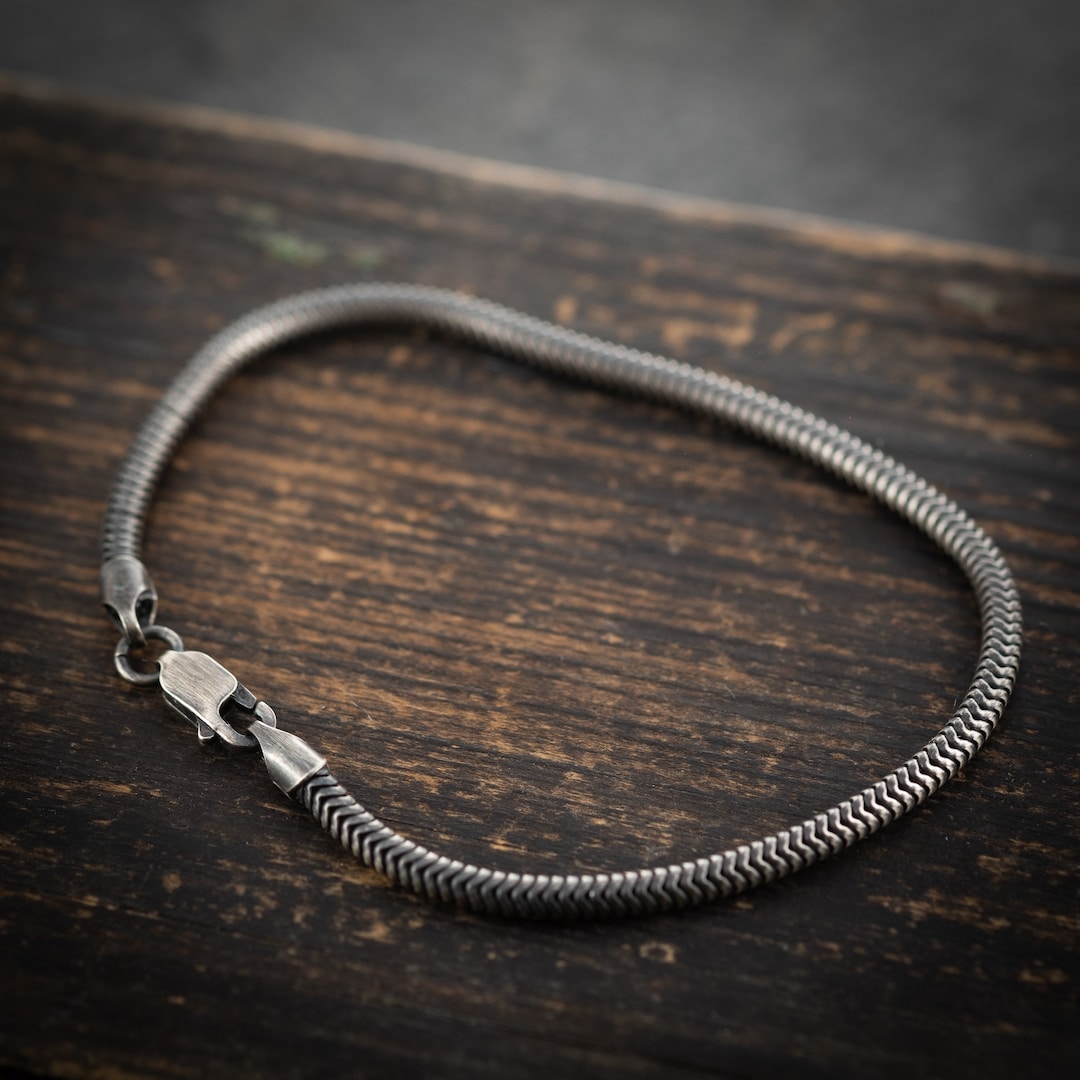 Minimalist Oxidized Mens Silver Snake Chain Bracelet, Boyfriend Gift ...