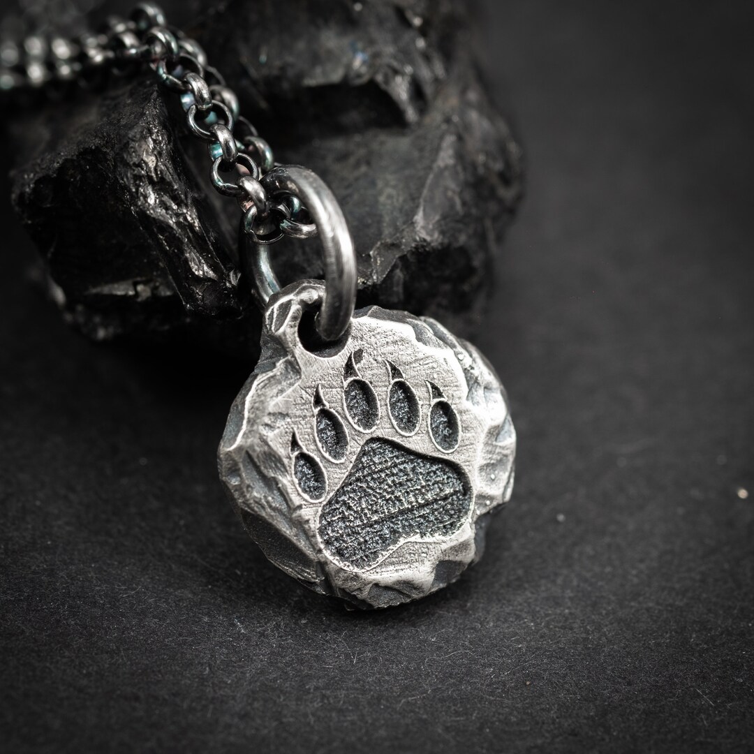 Bear Claw Silver Mens Pendant Necklace, Rustic Oxidized Handmade Forest ...
