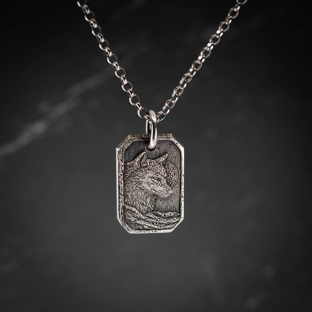 Mens Silver Wolf Moon Pendant Necklace, Wolf Silver Charm, Sterling ...