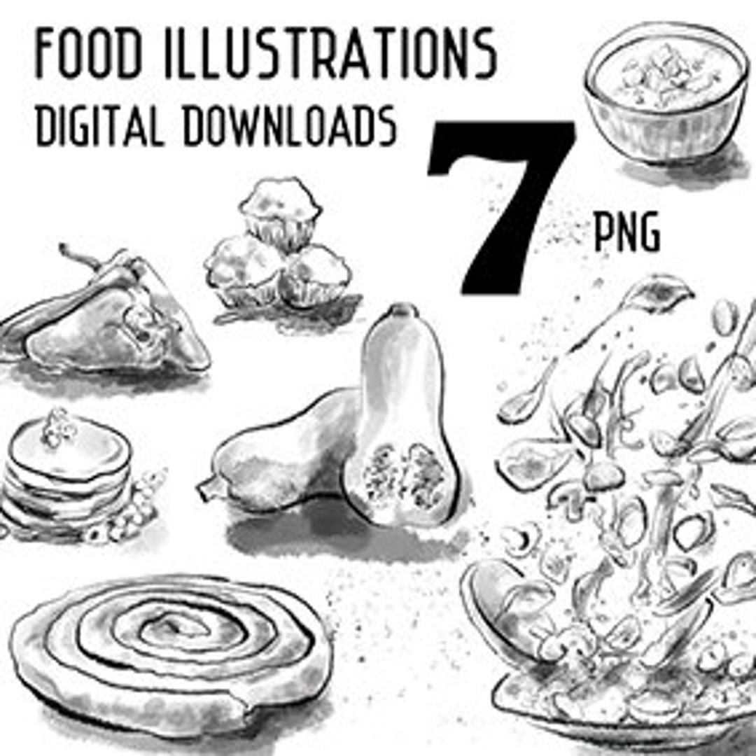 7 Hand Drawn Food Illustrations | PNG Files | Cookbook Clip Art ...