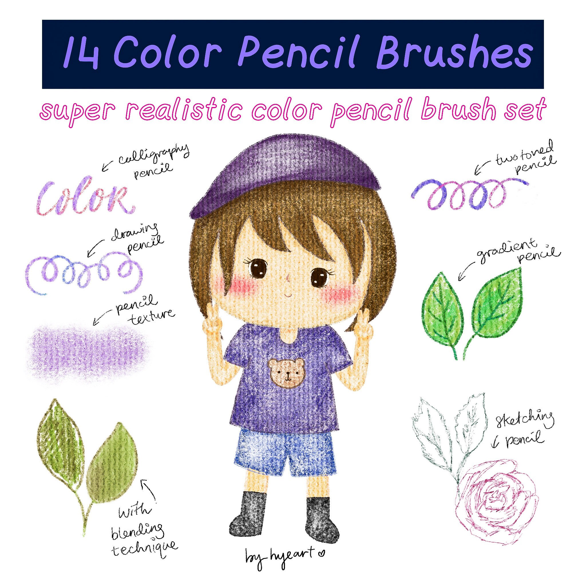 14 Color Pencil Brush, Procreate Bundle, Get Free Brush, Procreate ...