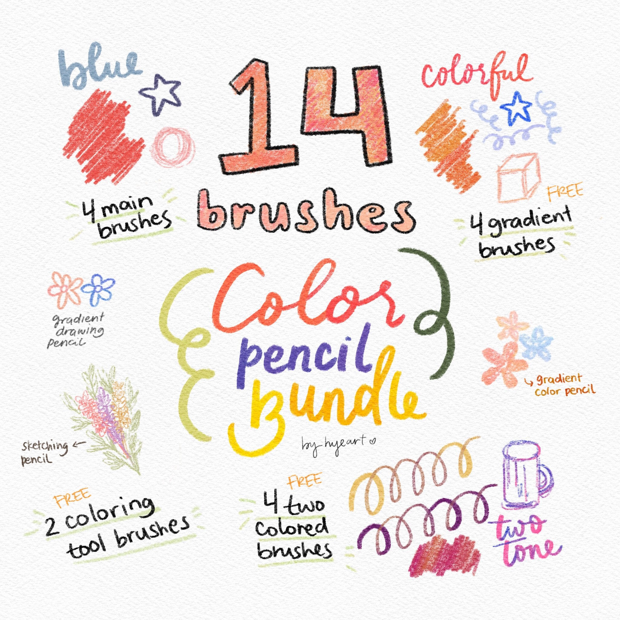 14 Color Pencil Brush, Procreate Bundle, Get Free Brush, Procreate ...