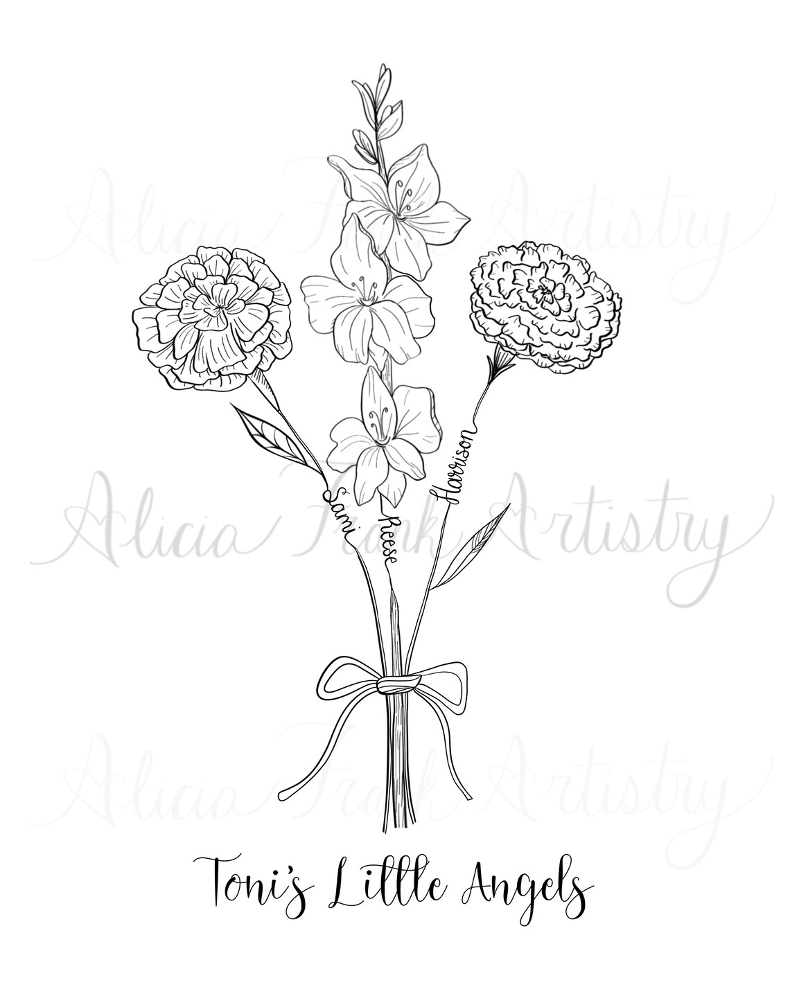 Names Included B&W Birth Flower Bouquet Custom Print Custom - Etsy