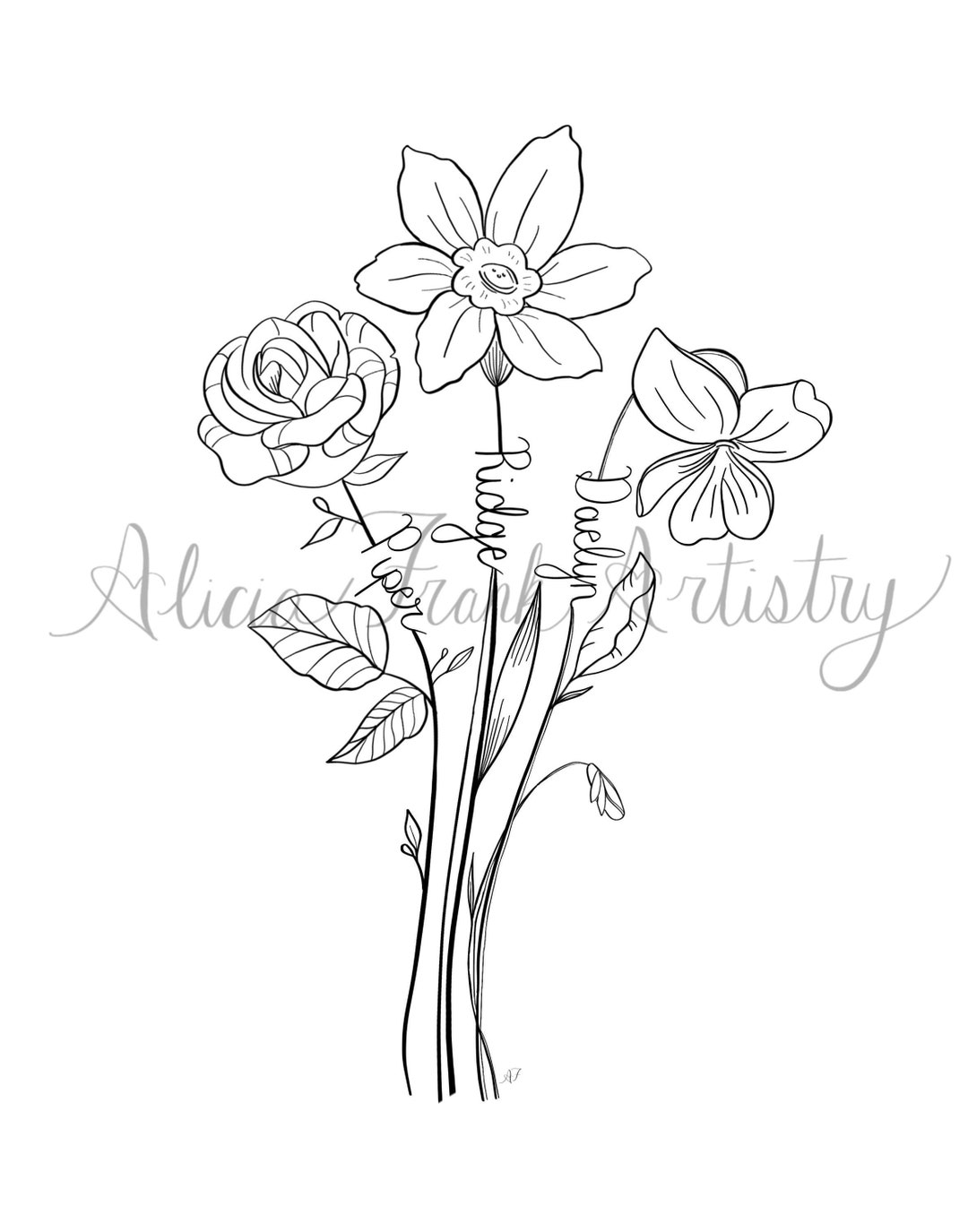 Names Included** B&W Birth Flower Bouquet Custom Print, Custom Family ...