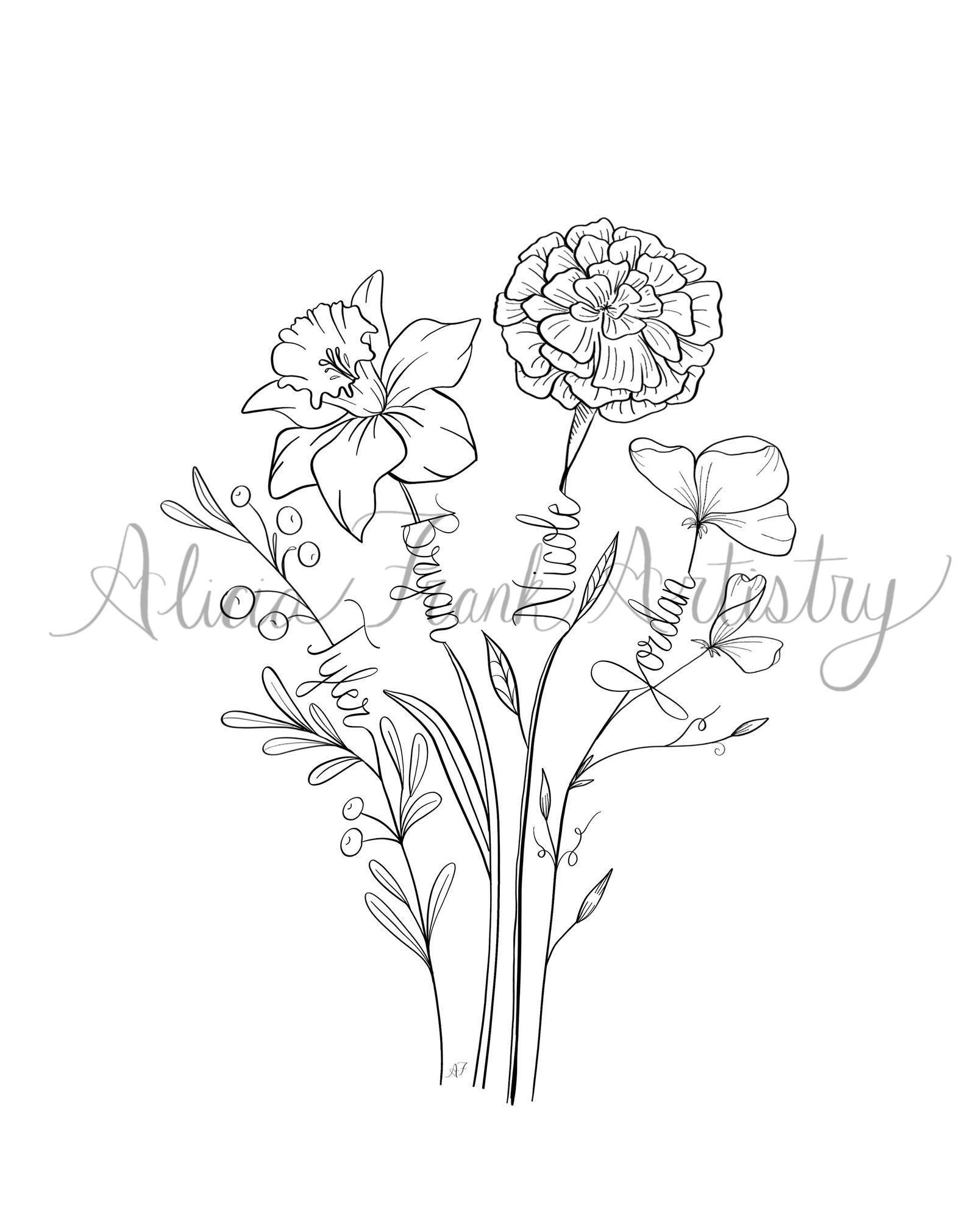 Names Included B&W Birth Flower Bouquet Custom Print Custom - Etsy