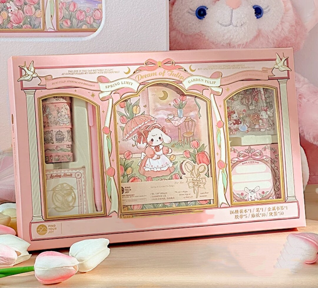 Bunny Rabbit Pink Tulip Journal Stationary Planner Gift Set for Diary ...