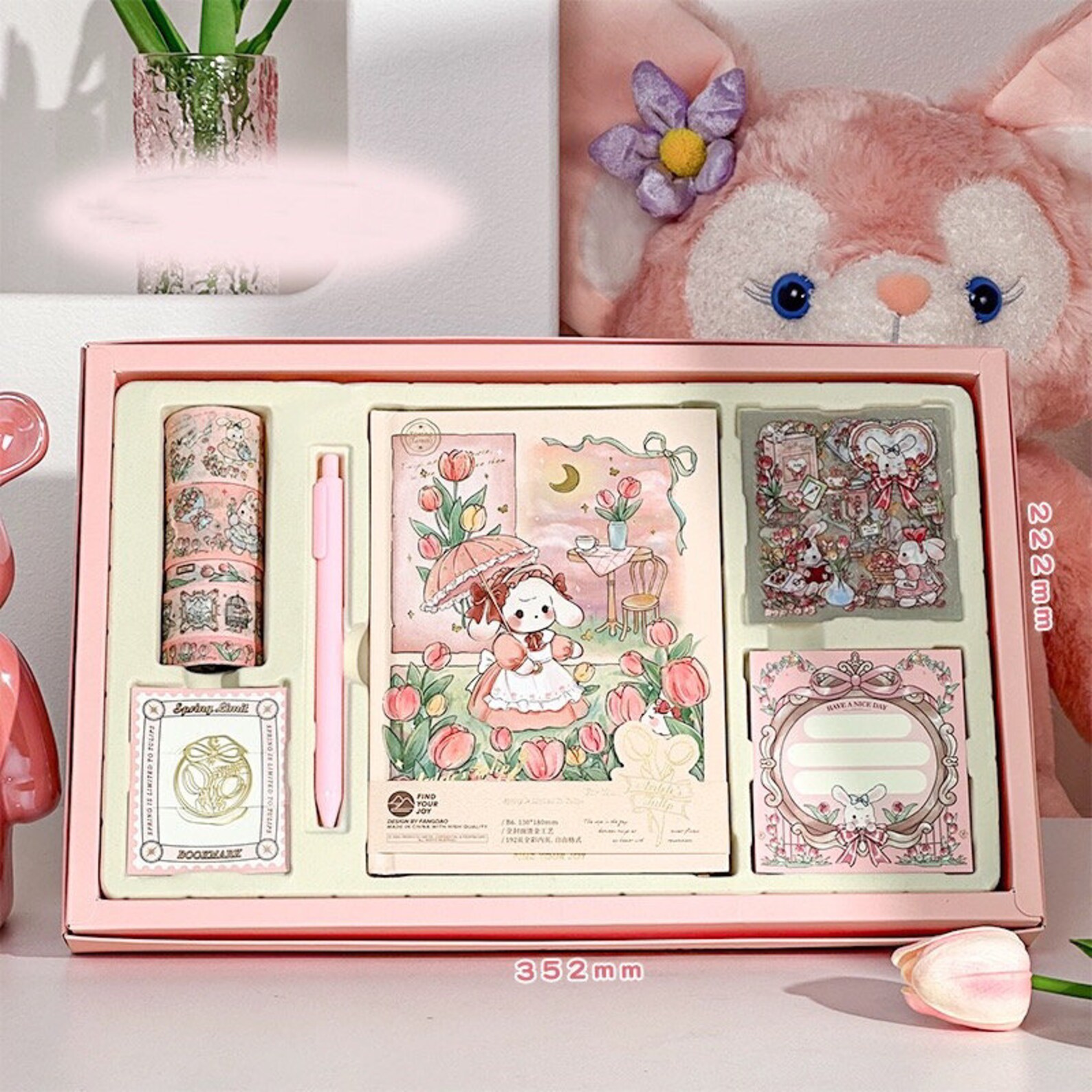 Bunny Rabbit Pink Tulip Journal Stationary Planner Gift Set for Diary ...