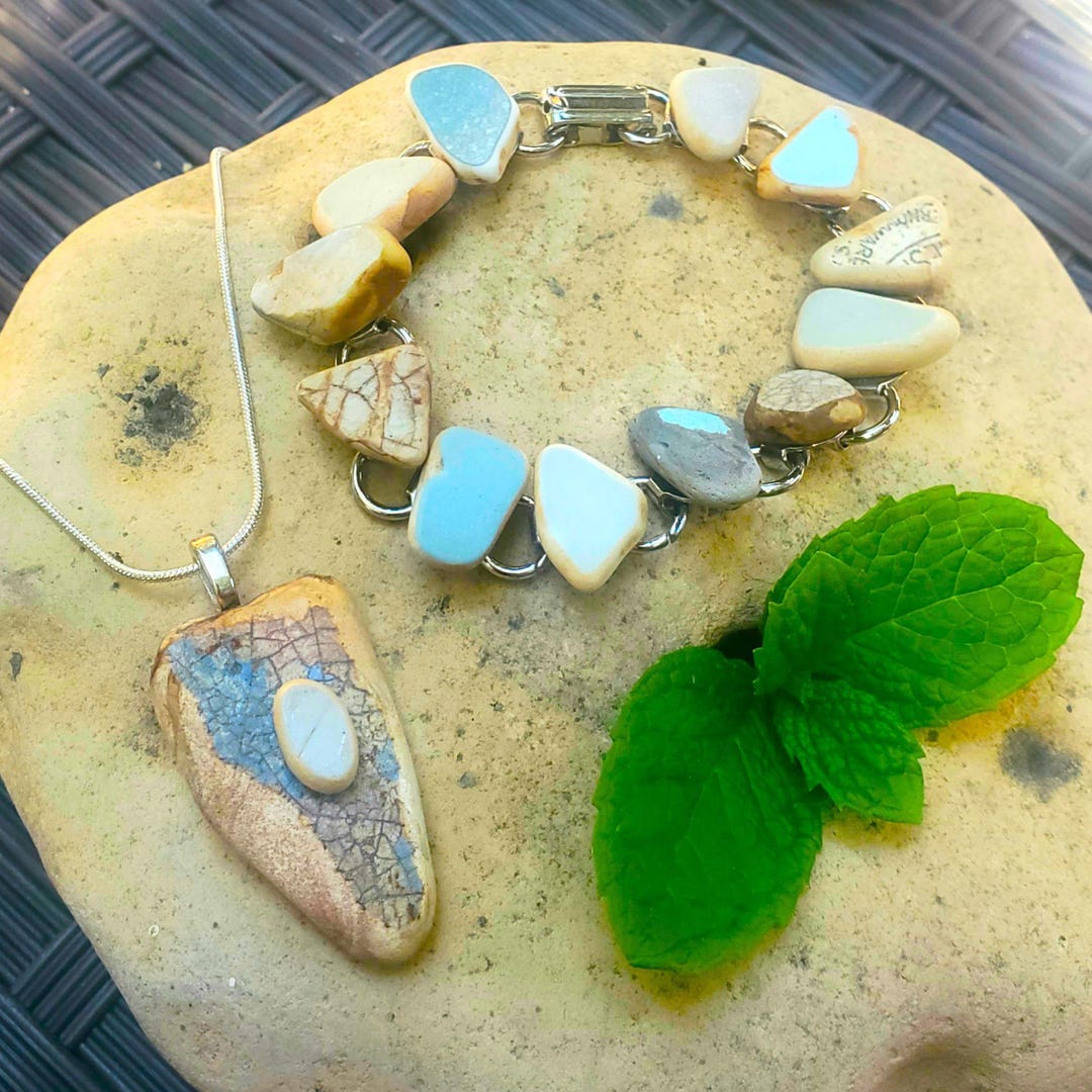 Antique Sea Pottery Set! Beautiful Bracelet & Necklace. Coastal Shades ...