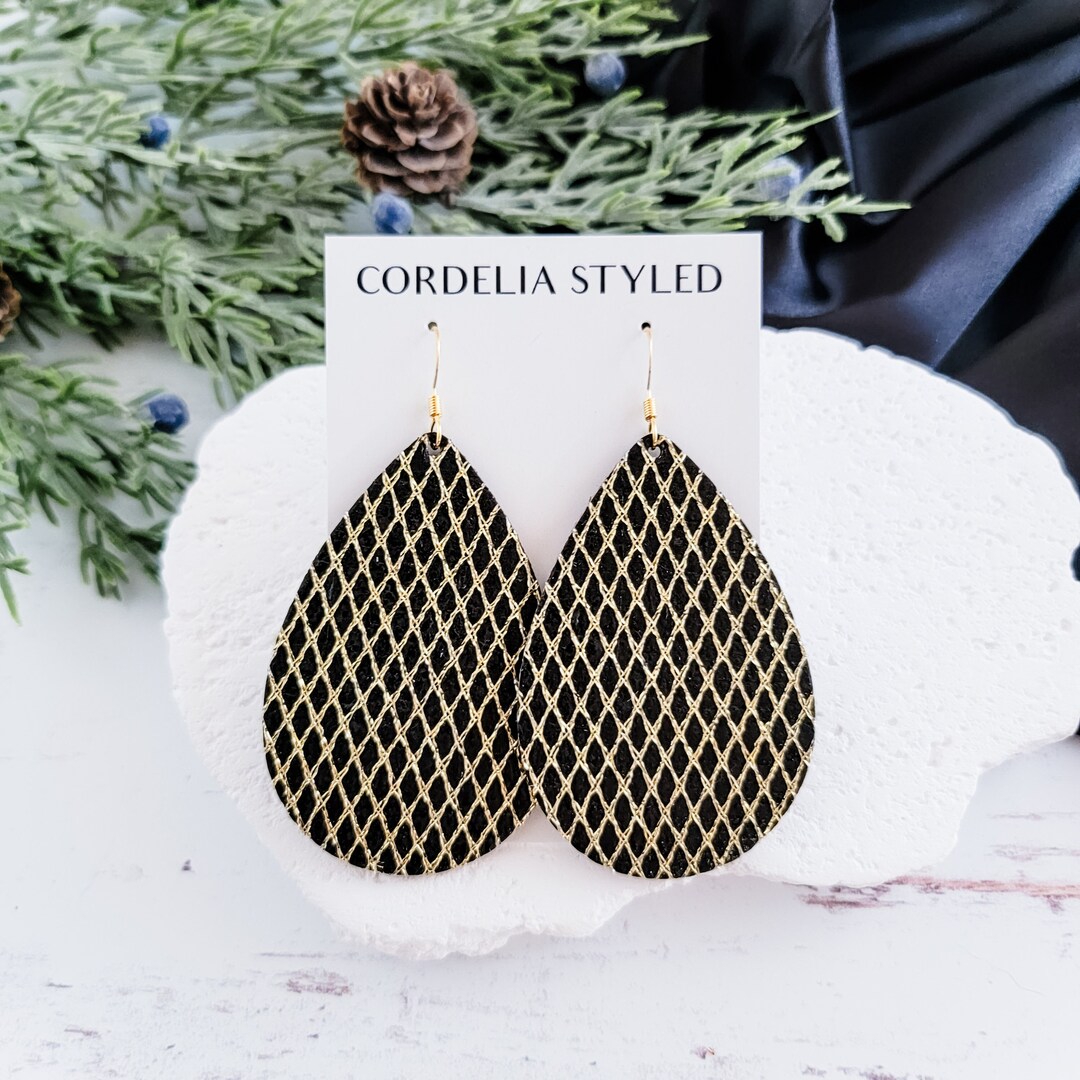 Black and Gold Fishnet Teardrop Real Leather Statement Leaf - Etsy