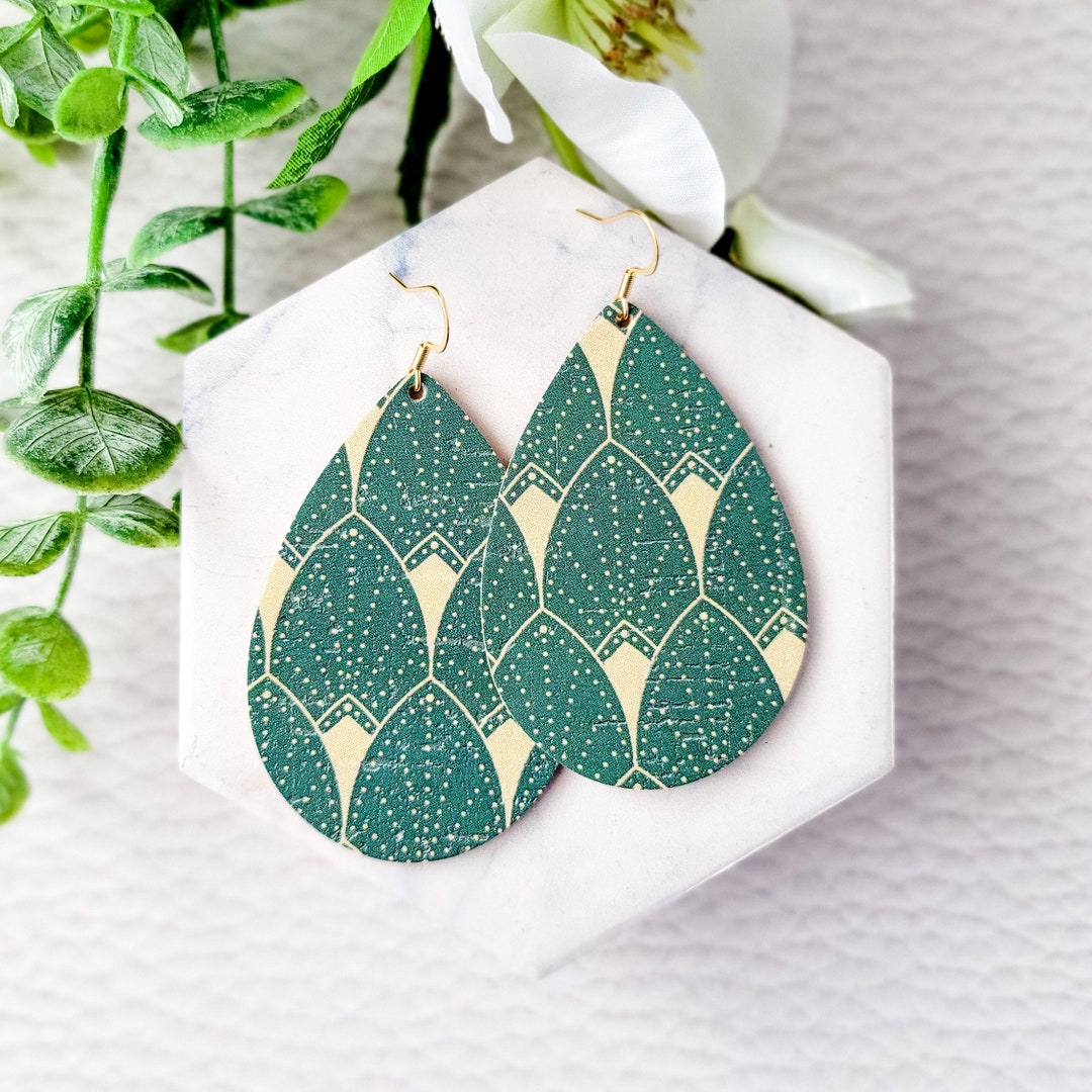 Emerald Art Deco Teardrop Real Leather Teardrops Statement - Etsy