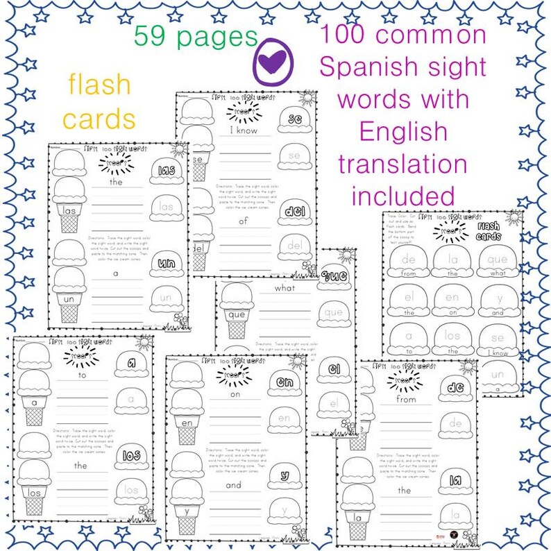 100 Spanish Sight Words Ice Cream Cone Building Activity - Etsy