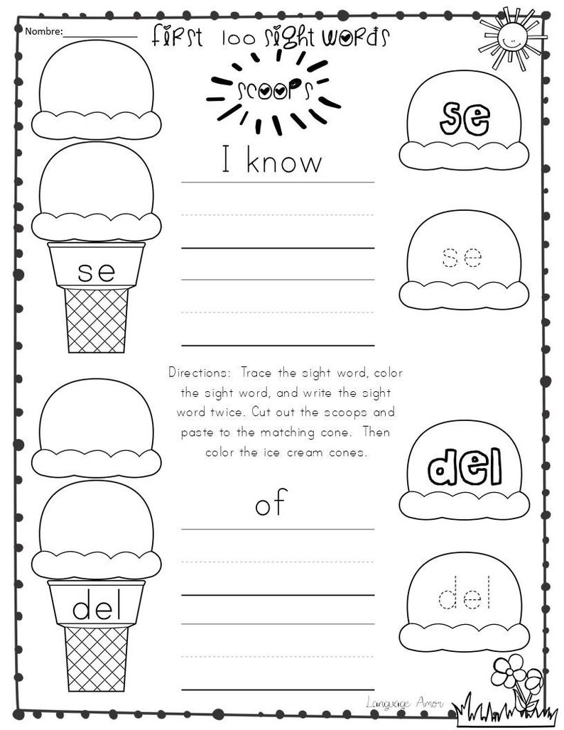 100 Spanish Sight Words Ice Cream Cone Building Activity - Etsy