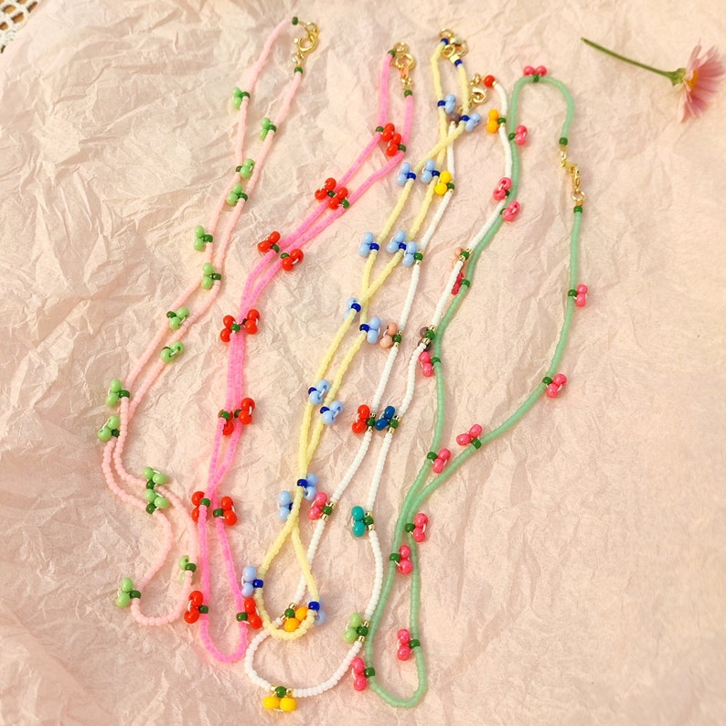 Colorful Cherry Seed Bead Necklace, Beaded Cherry Charm Choker ...