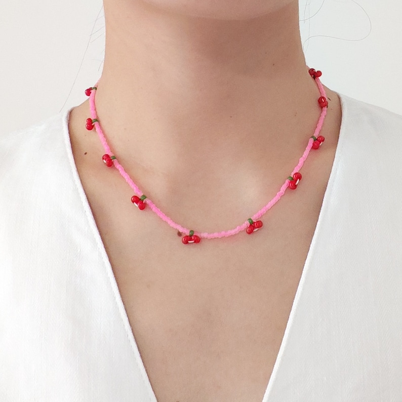 Colorful Cherry Seed Bead Necklace, Beaded Cherry Charm Choker ...