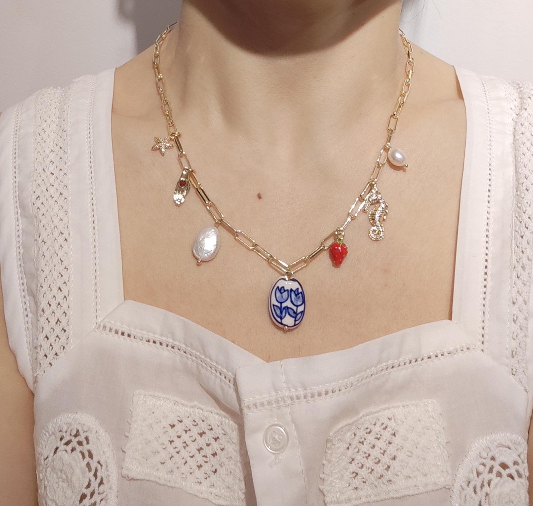 Multi Charm Chain Necklace, Gold Chain Choker With Colorful Pendant ...