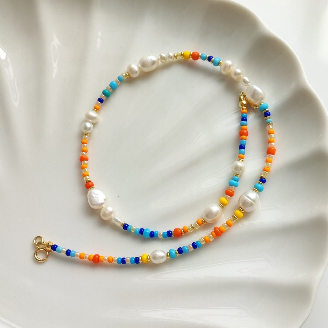 Handmade Orange and Blue Beaded Pearl Necklace, Mixed Beads Choker ...