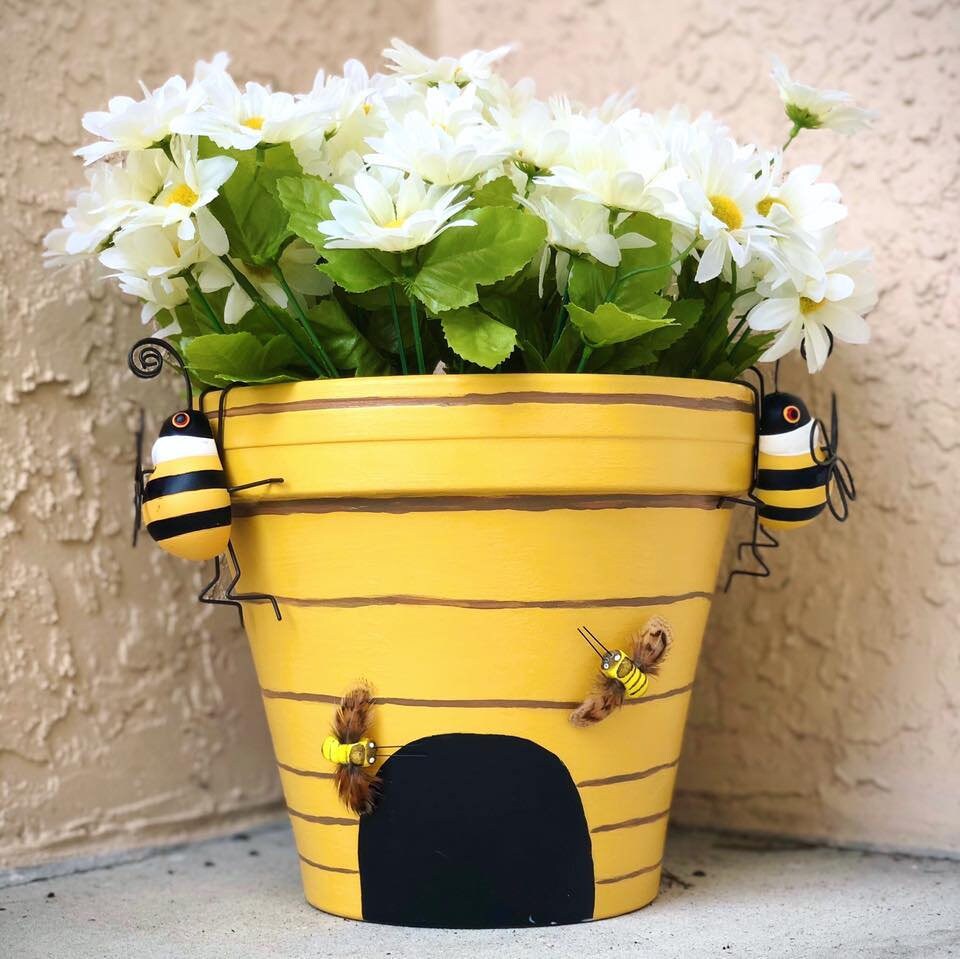Beehive Themed Hand Painted Terra Cotta Flower Pot, Pot With Drainage ...