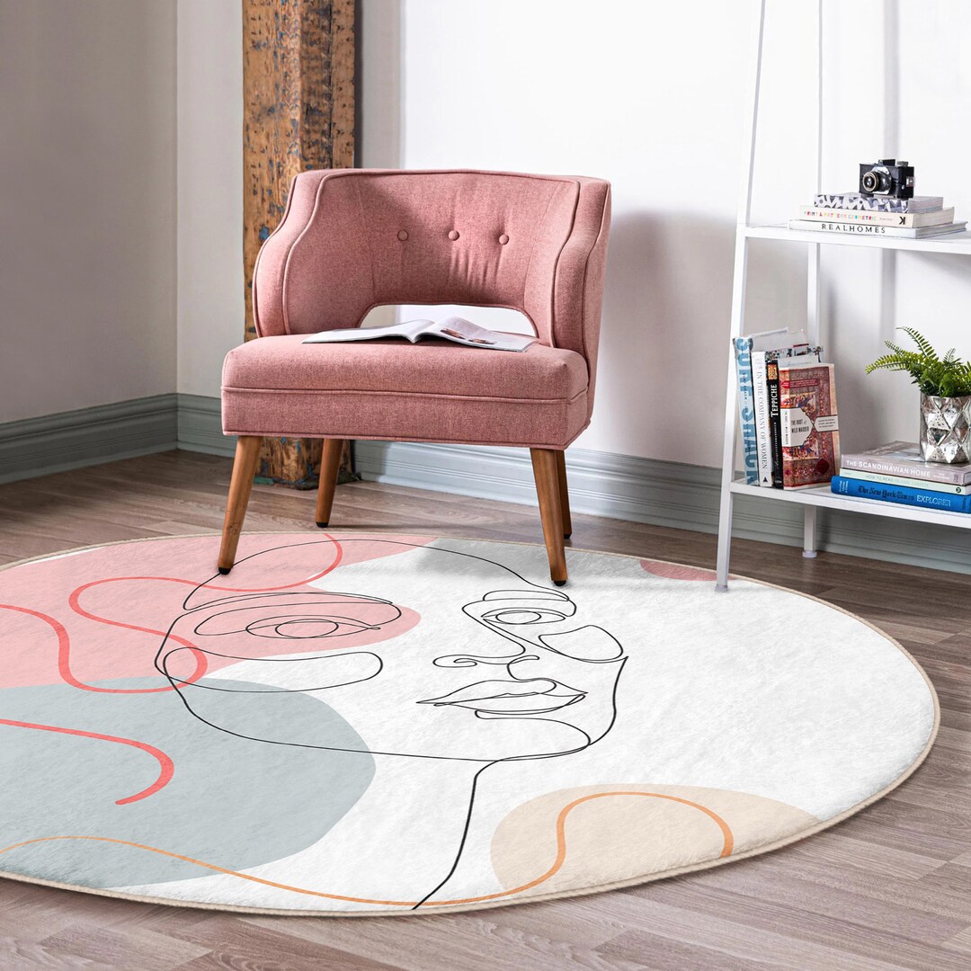 Round Pink Drawing Rug, Minimal Abstract Design, Non-slip Base, Drawing ...