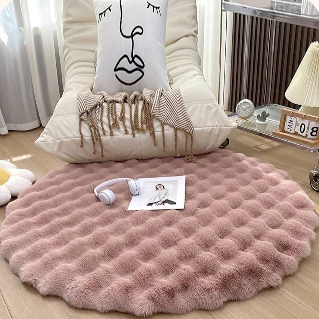 Round Luxury Plush Soft Area Rug Bubble Rug Fleece Elegant Faux Rabbit ...