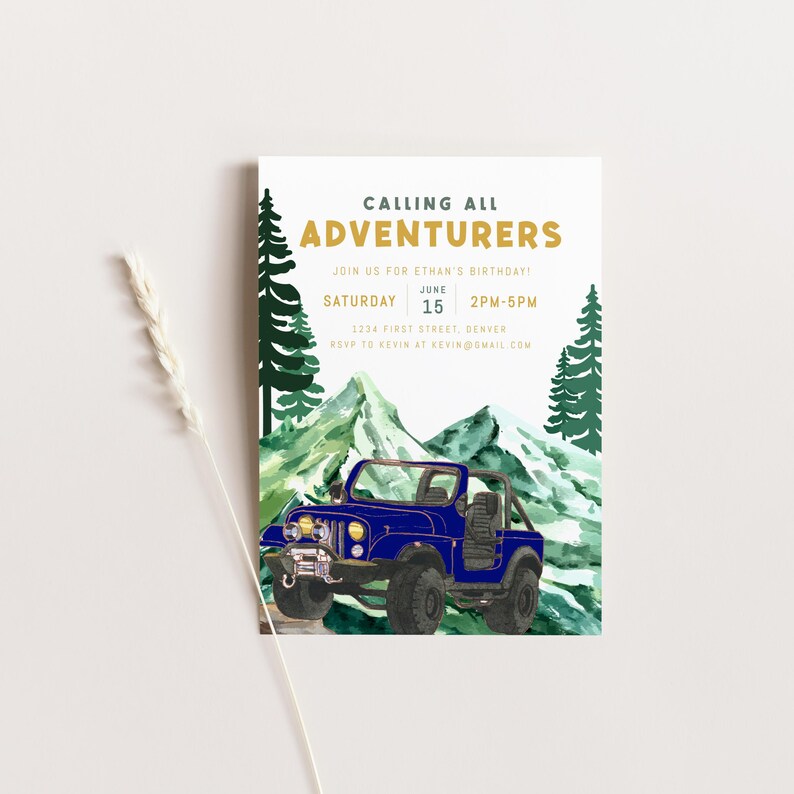 Off-roading Birthday Invitation: Blue Truck, Mountains (digital ...