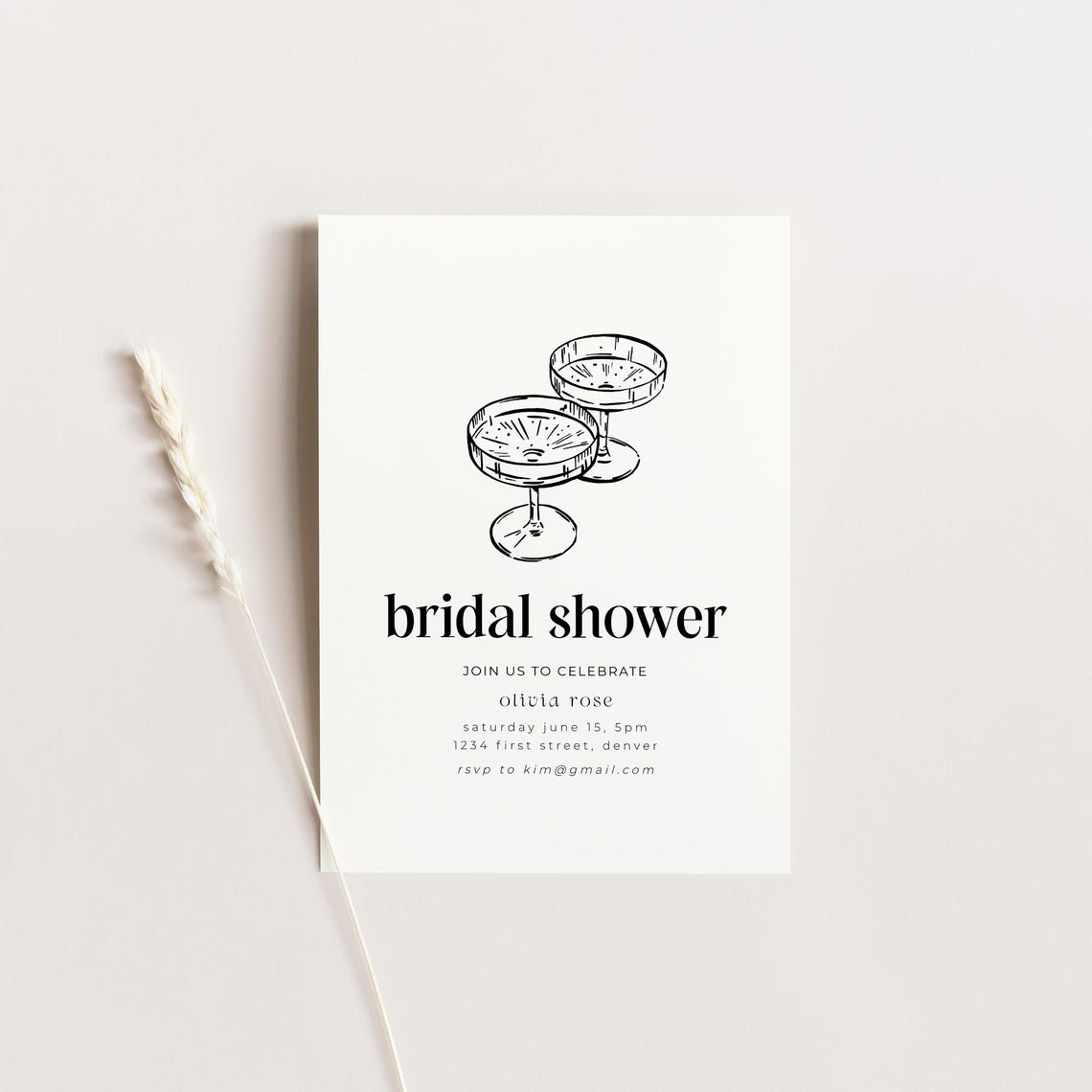 Simple Bridal Shower Invitation Template With Champagne Glass With Bow ...