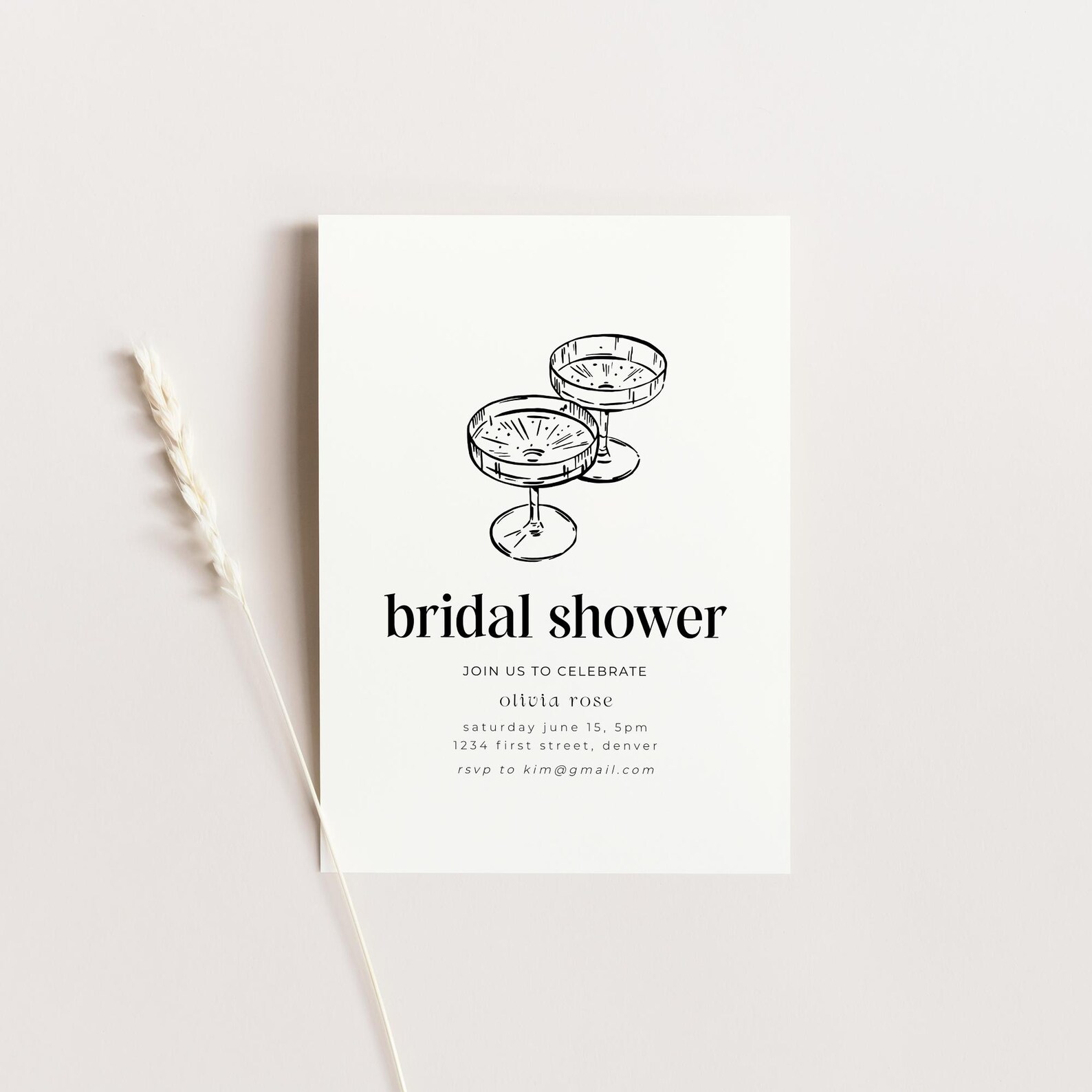 Simple Bridal Shower Invitation Template With Champagne Glass With Bow ...