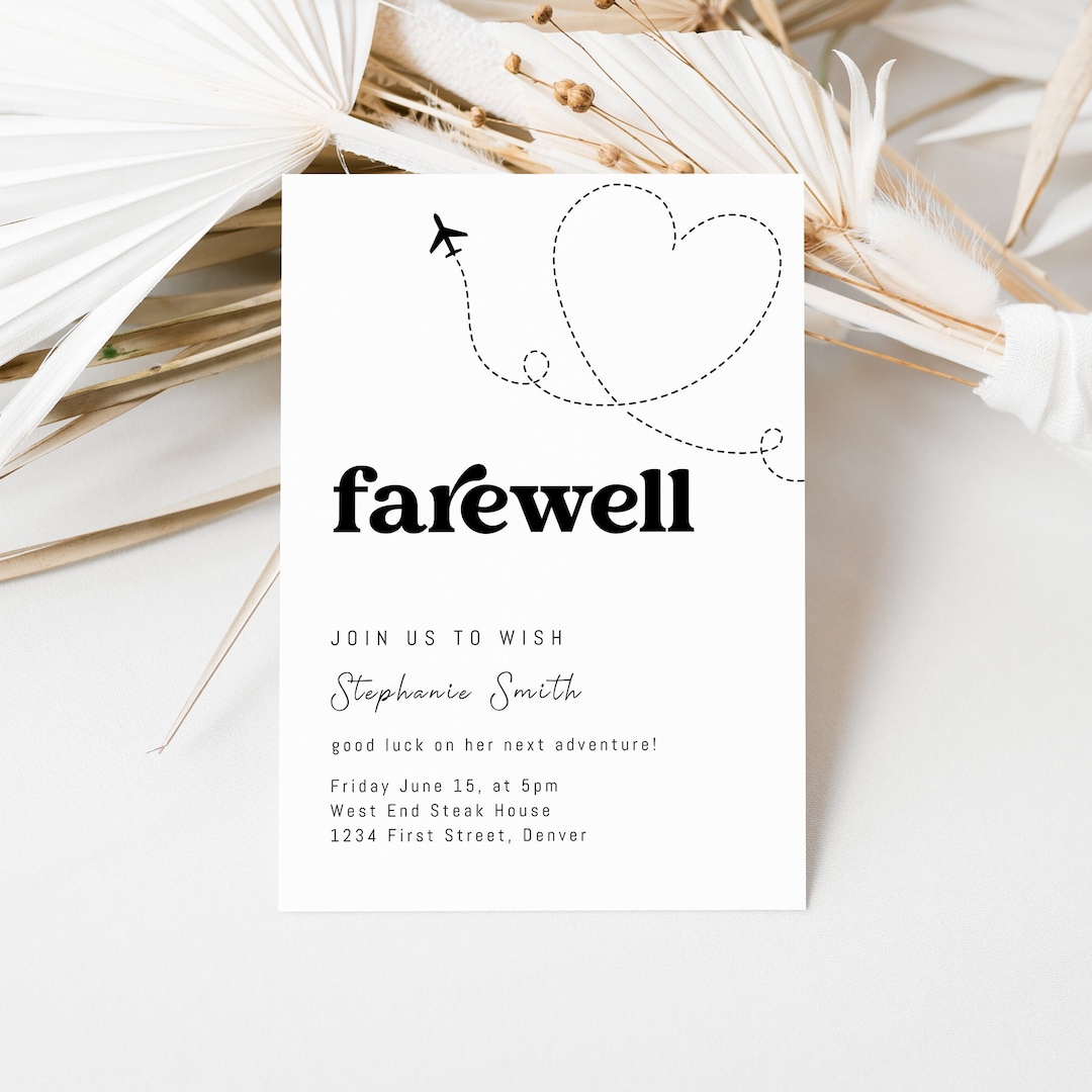 Simple Black and White Farewell Party Invitation Template With Plane ...