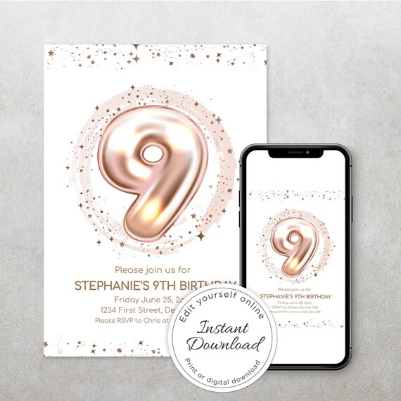 Editable 9th Birthday Invitation Template With Pink Sparkles | Etsy