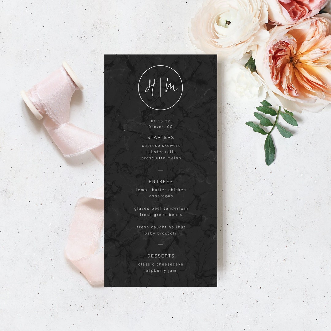 Black Marble Menu for Any Event With Large Initials - Wedding/rehearsal ...