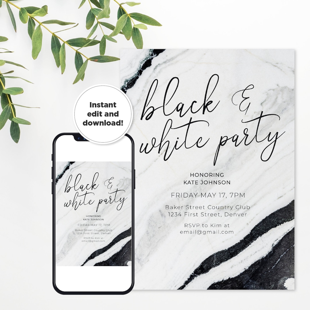 Black and White Party Invitation Template - With Marble Background ...