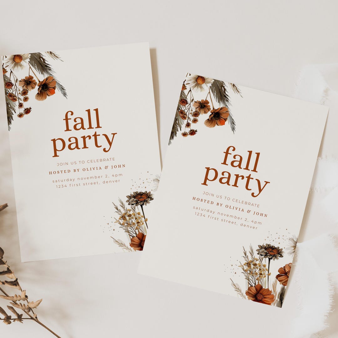 Fall Theme Party Invitation Template With Foliage and Flowers Instant ...