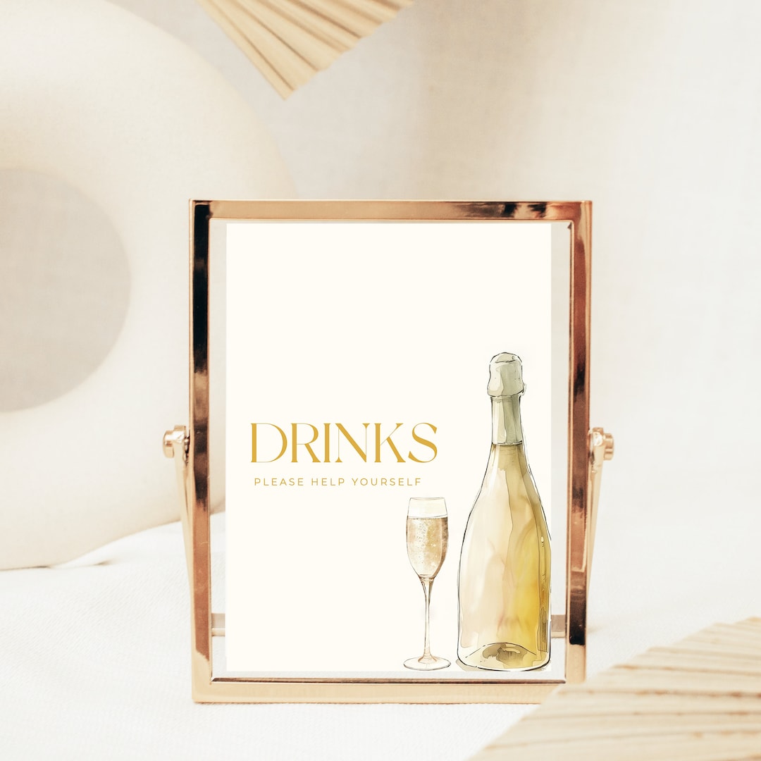 Table Top Drinks Sign With Champagne and Glass, 5x7 Inch - Instant Edit ...