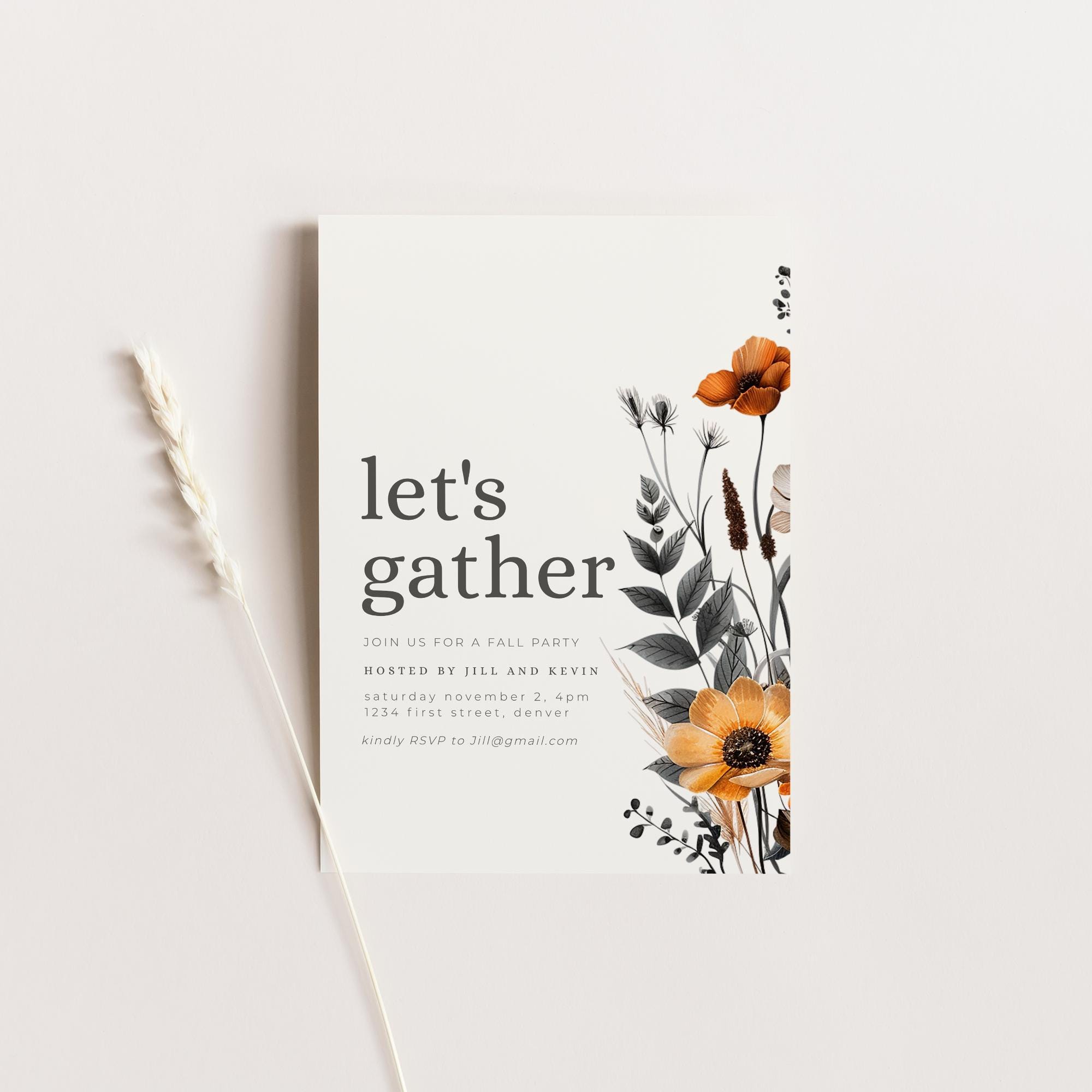 Fall Theme Party Invitation Template With Edgy Foliage and Flowers ...