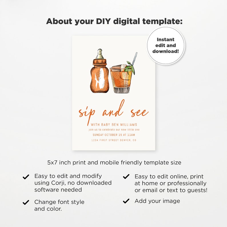 Sip and See Invitation Template With Baby Bottle and Whiskey - Etsy
