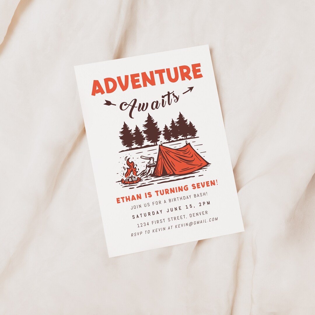 Adventure Awaits - Camping Theme Birthday Party Invitation With Orange ...