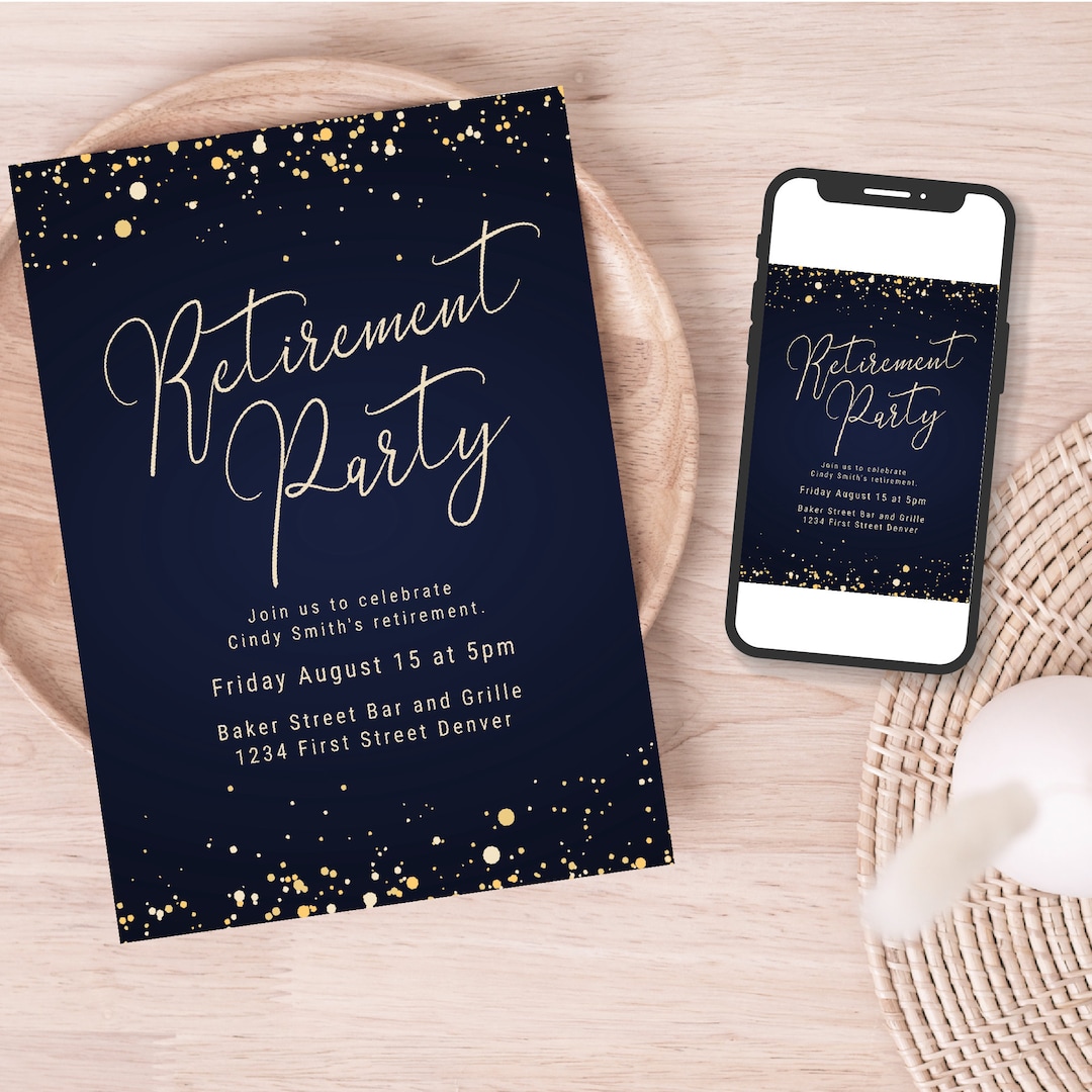 Blue and Gold Glitter Retirement Party Invitation Template - Print or ...