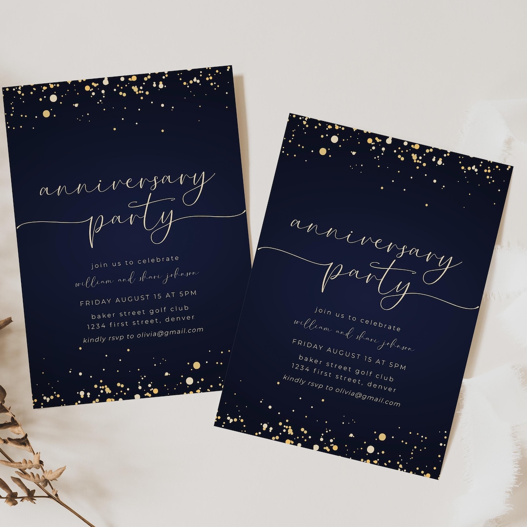 Blue and Gold Anniversary Party Invitation Template With Glitter - Any ...